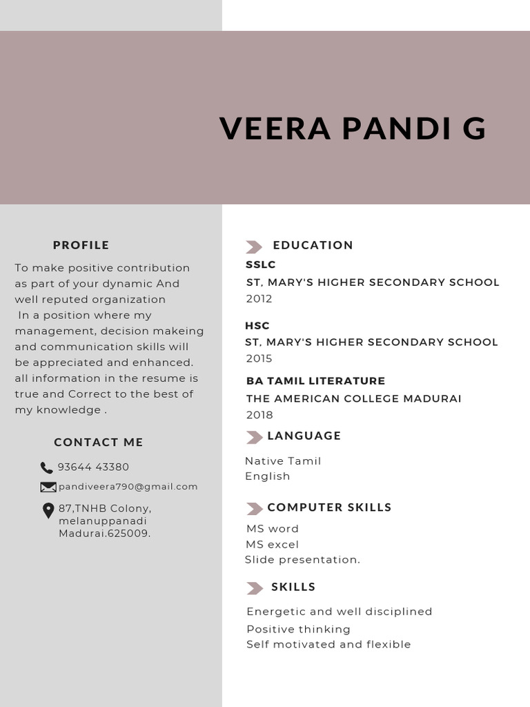 Resume of Veera Pandi G: Skills & Contact | PDF