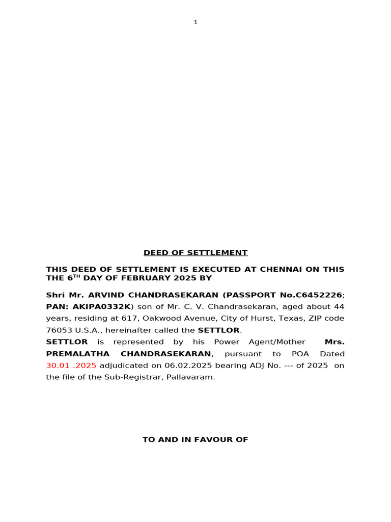 Settlement Deed - Arvind Chandrasekaran 06.2.2025 | PDF | Property | Private Law