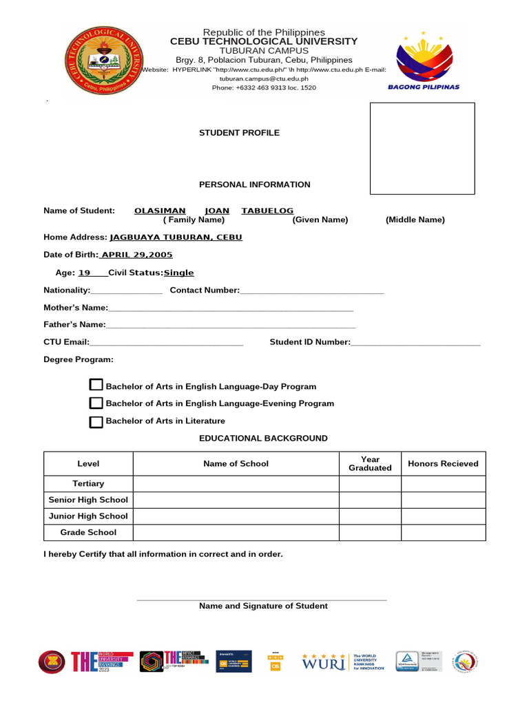 Student Profile: Joan Tabuelog | PDF | Schools | Educational Organizations