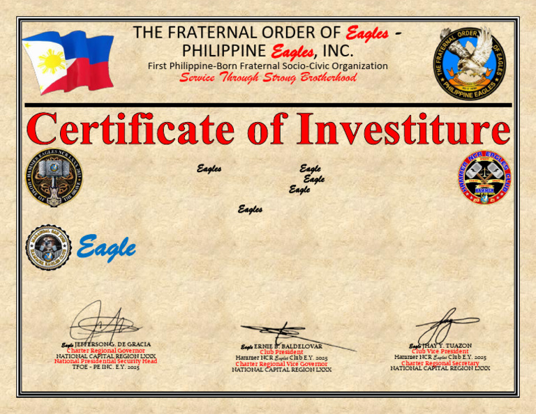 Certificate of Investiture For Eagle Jeraldino A. Miniano As Club Vice ...
