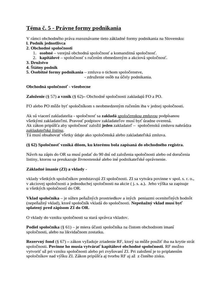 Téma Č. 5 - 6 - Právne Formy Podnikania | PDF
