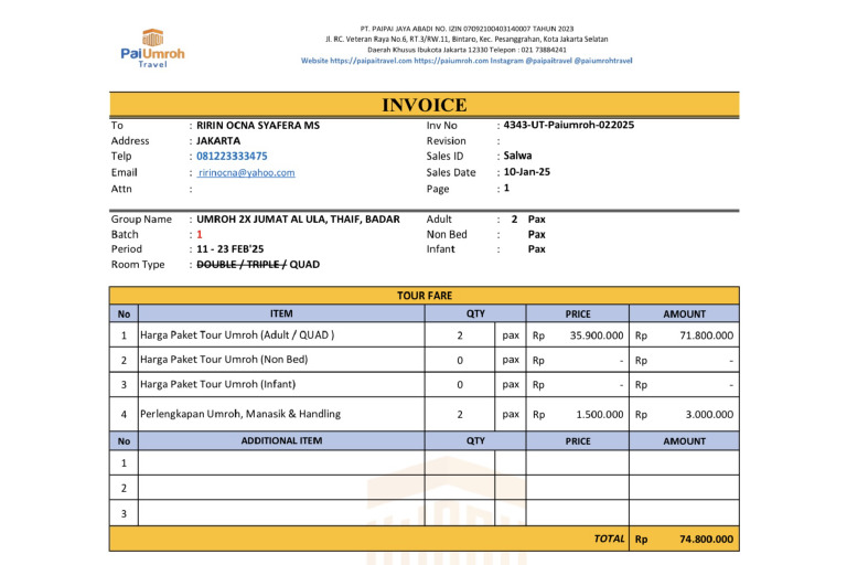 INVOICE Umroh AlUla Thaif | PDF