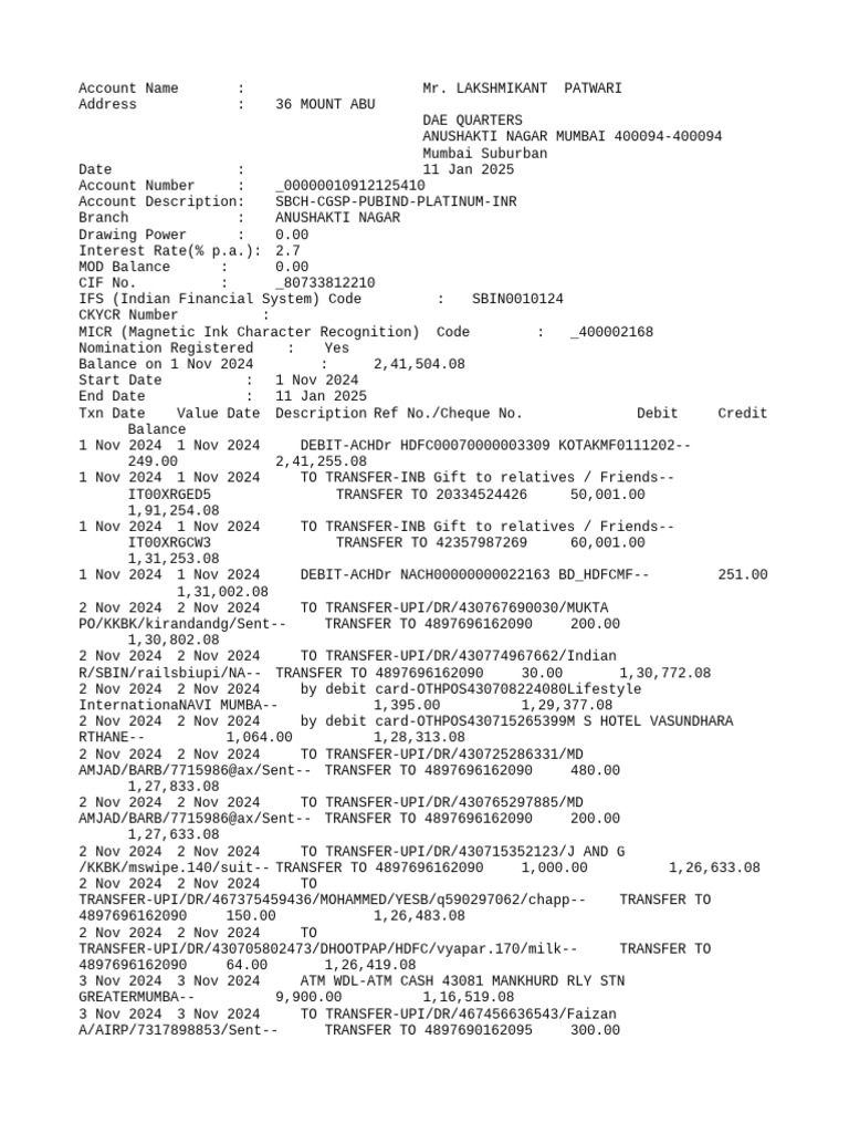 LP SBI Stmt. 1.2.24 to 11.1.25 | PDF | Financial Services | Banking