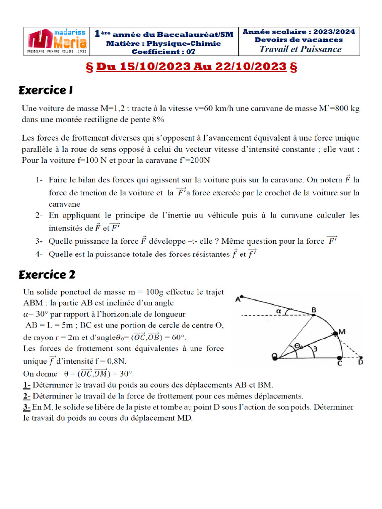 Exercice Travail Et Puissance SM | PDF