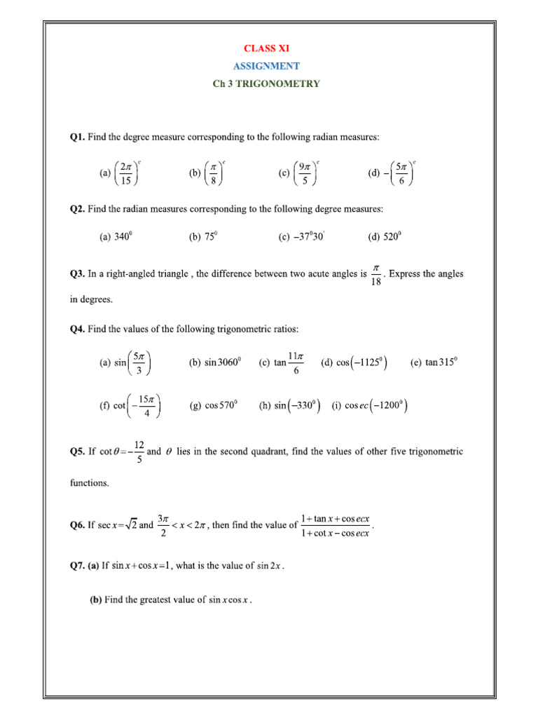 Class XI - Trigonometry Assignment | PDF