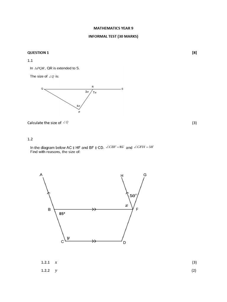 Informal Test Mathematics Year 9 | PDF