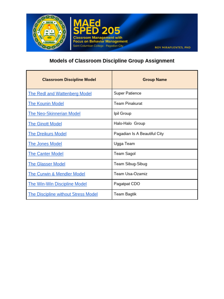Models of Classroom Discipline Group Assignments | PDF