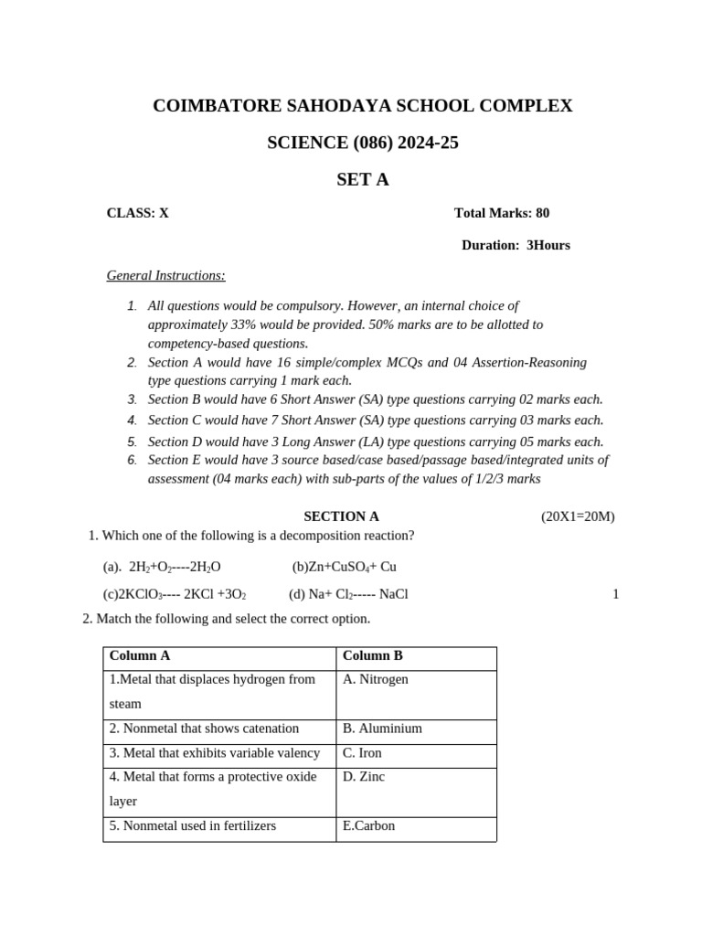 Coimbatore Sahodaya Class X Science Exam 2024-25 | PDF | Acid ...