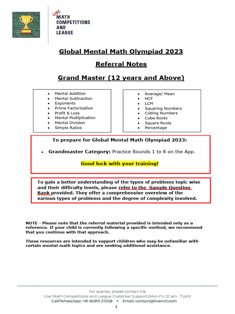 1-GrandMaster Referral Notes Global Mental Math Olympiadя2023 | PDF ...