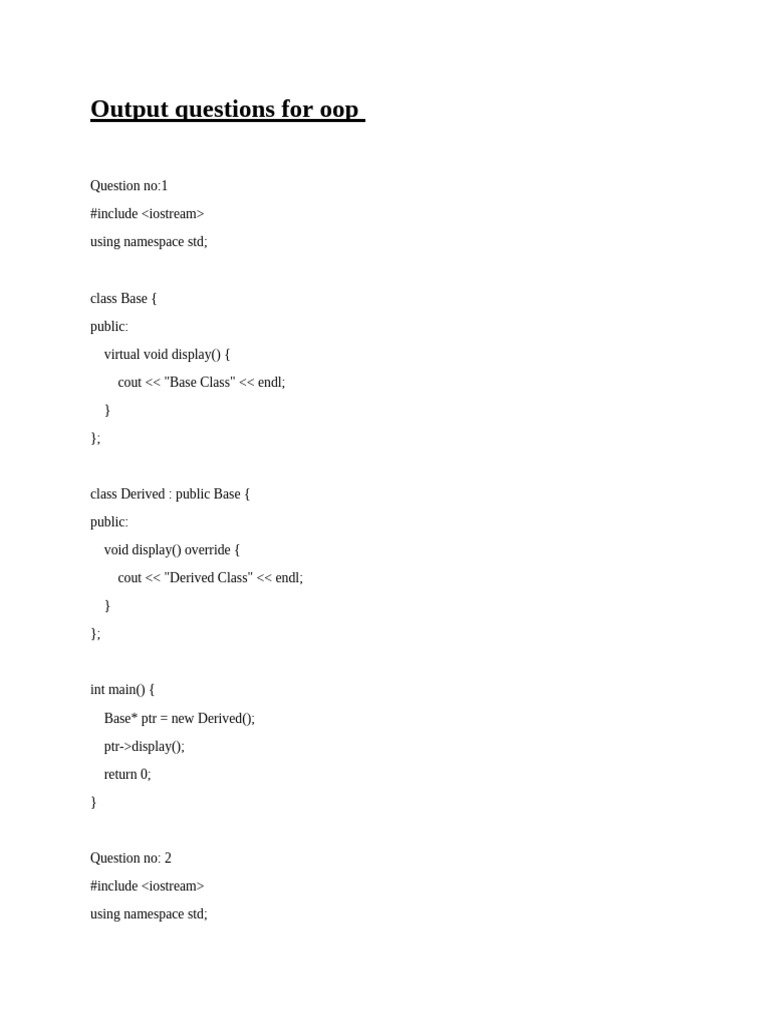 Output questions for oop | PDF | Namespace | Computer Programming