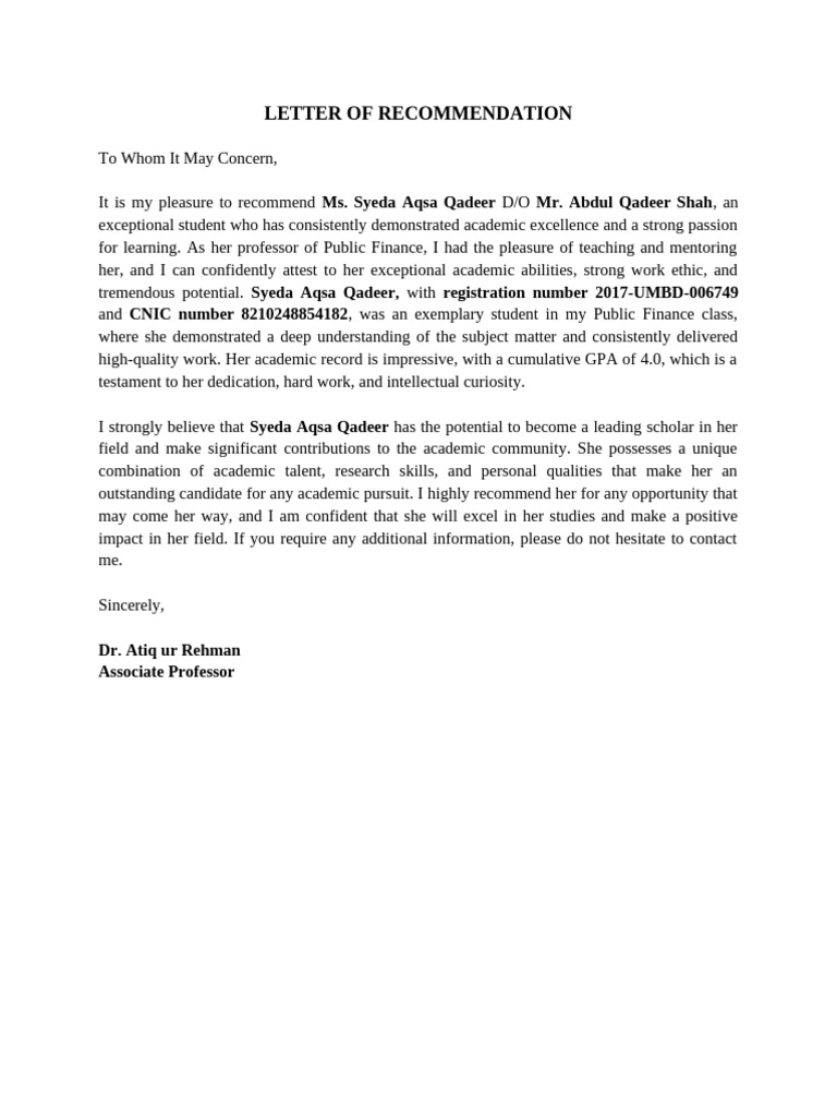 Recommendation for Syeda Aqsa Qadeer | PDF