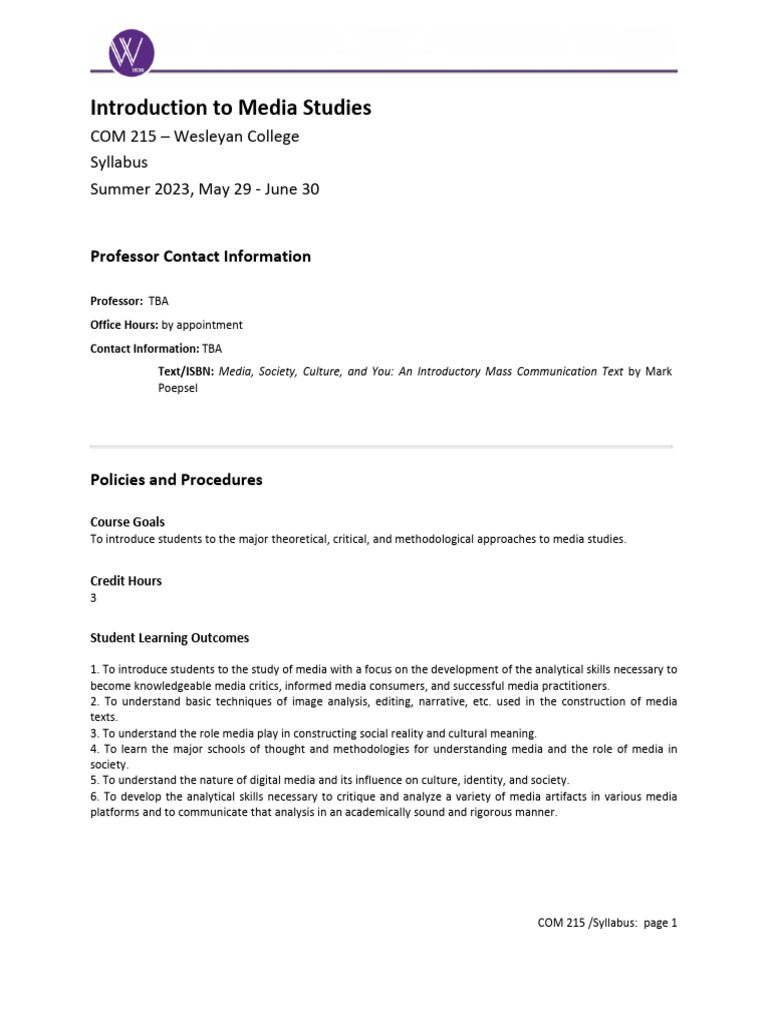 COM 215 Introduction To Media Studies 2023summer1 | PDF | Methodology ...