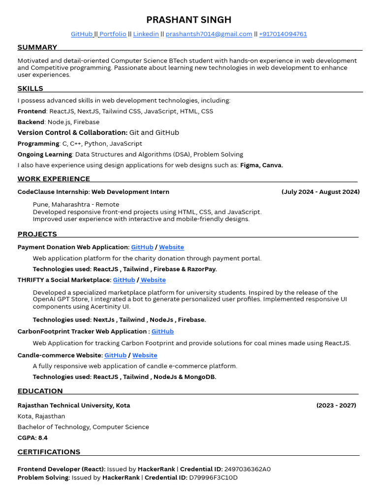 Prashant Singh - Web Developer Portfolio | PDF