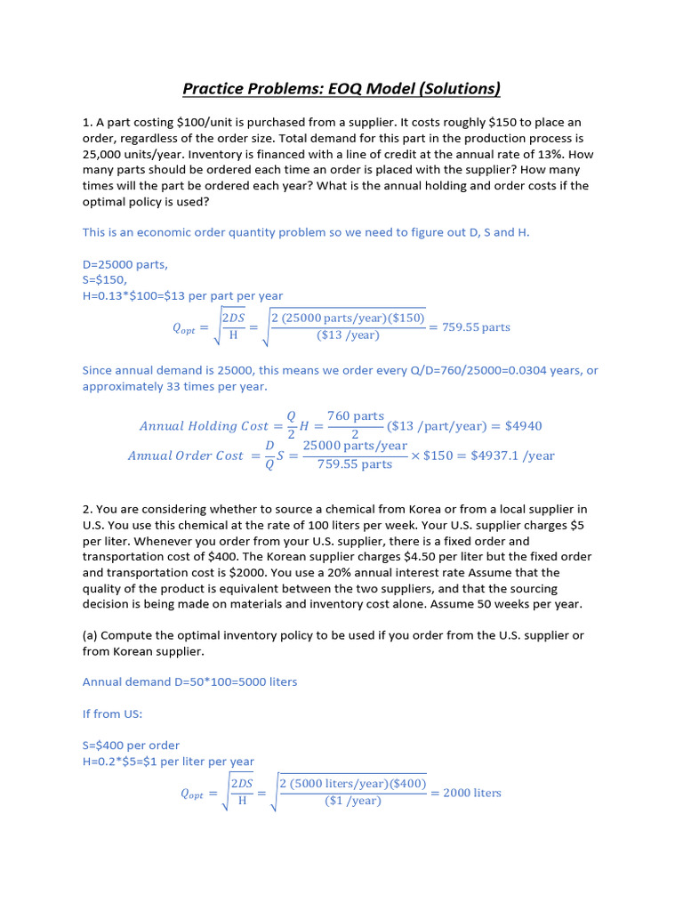 Practice Problems EOQ Model Solutions | PDF | Economies | Financial Economics