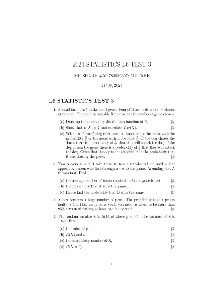 2024 l6 Statistics Test 3 - MR Share | PDF | Probability | Scientific ...