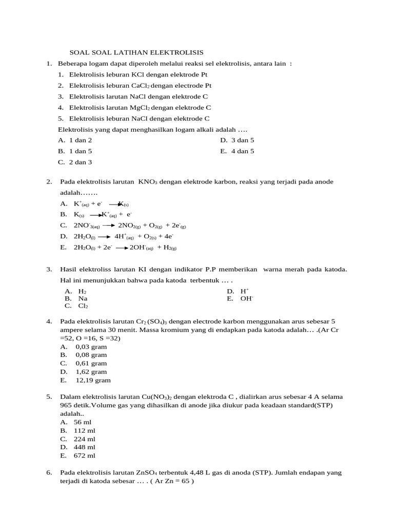 Soal Soal Latihan Elektrolisis | PDF