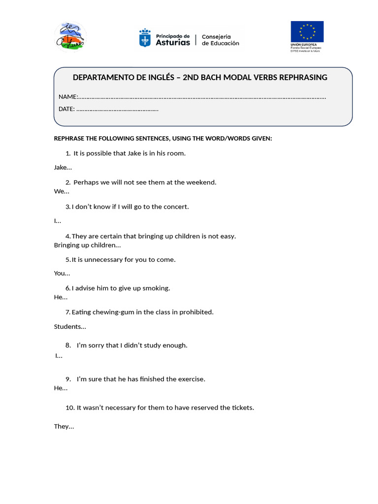 Modal Verbs Rephrasing Exercise | PDF