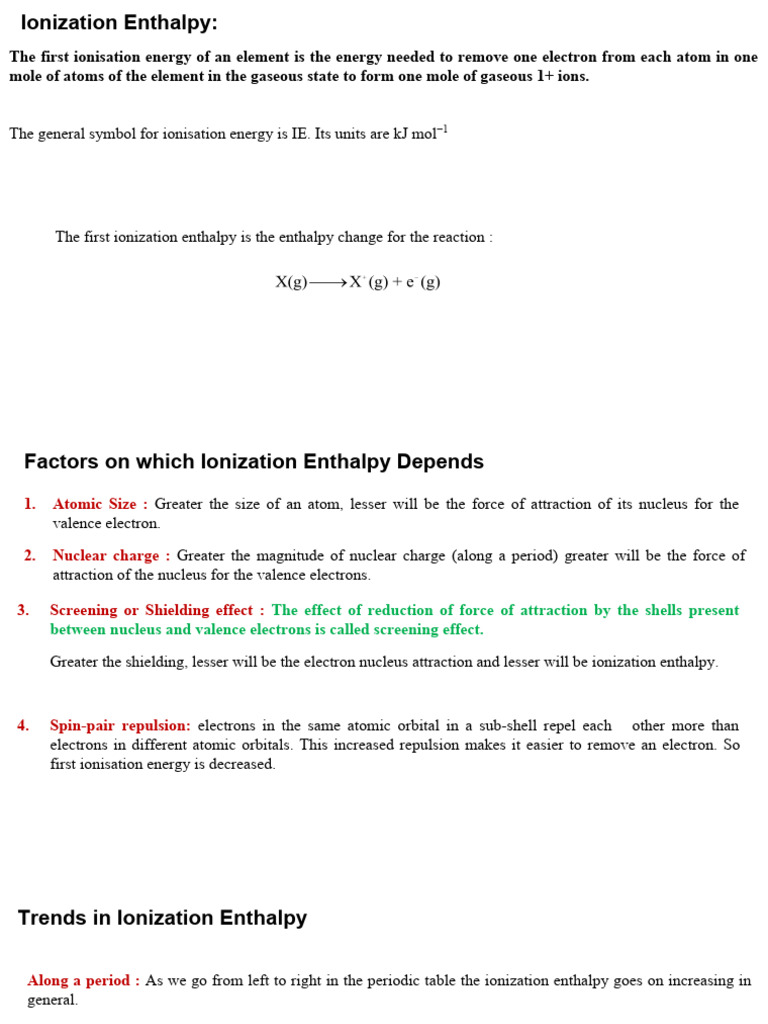 Periodic Properties and Trends - Ionisation Enthalpy | PDF | Ionization | Molecular Physics