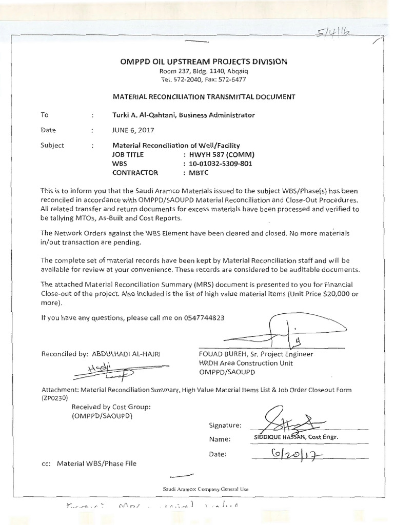 Material Reconciliation Transmittal Documents | PDF