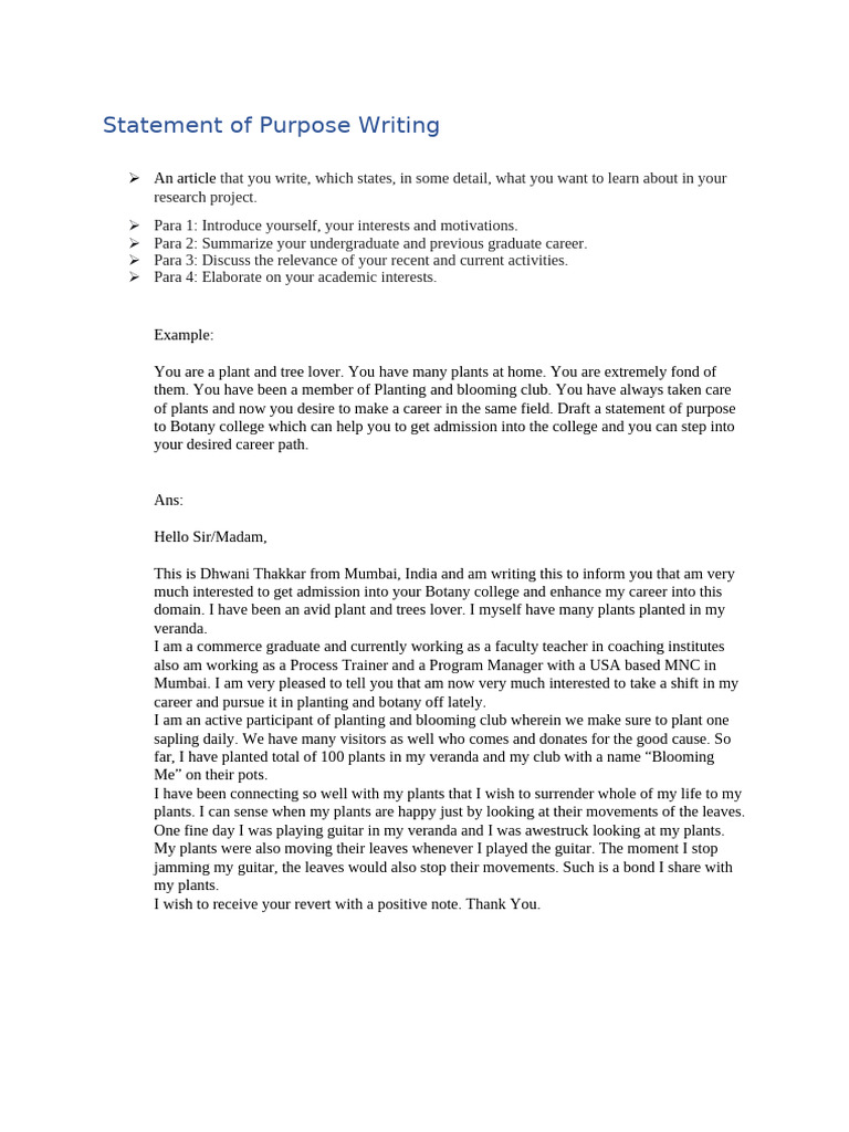 Statement of Purpose Writing | PDF