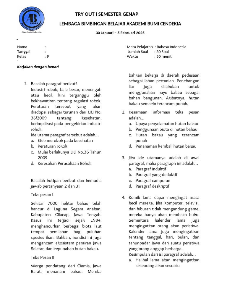 Try Out Bimbel Akademi Bumi Cendekia | PDF