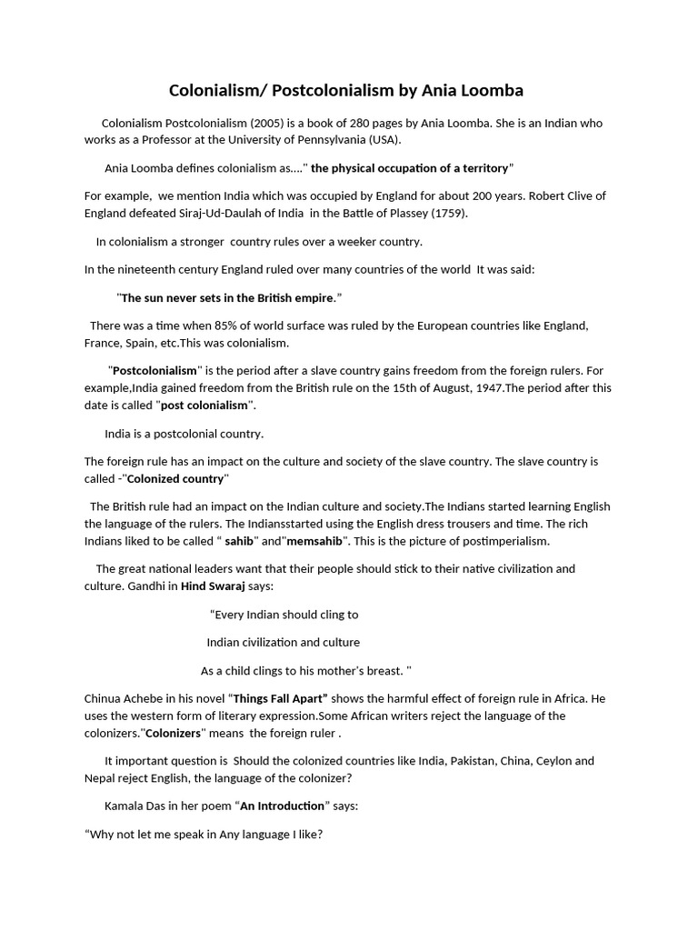 Colonialism Post Colonialism | PDF