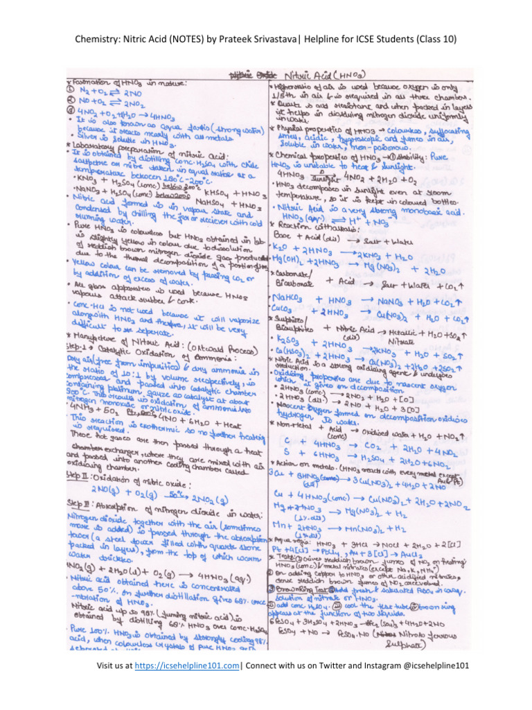 Chemistry Nitric Acid Notes by Prateek Srivastava | PDF