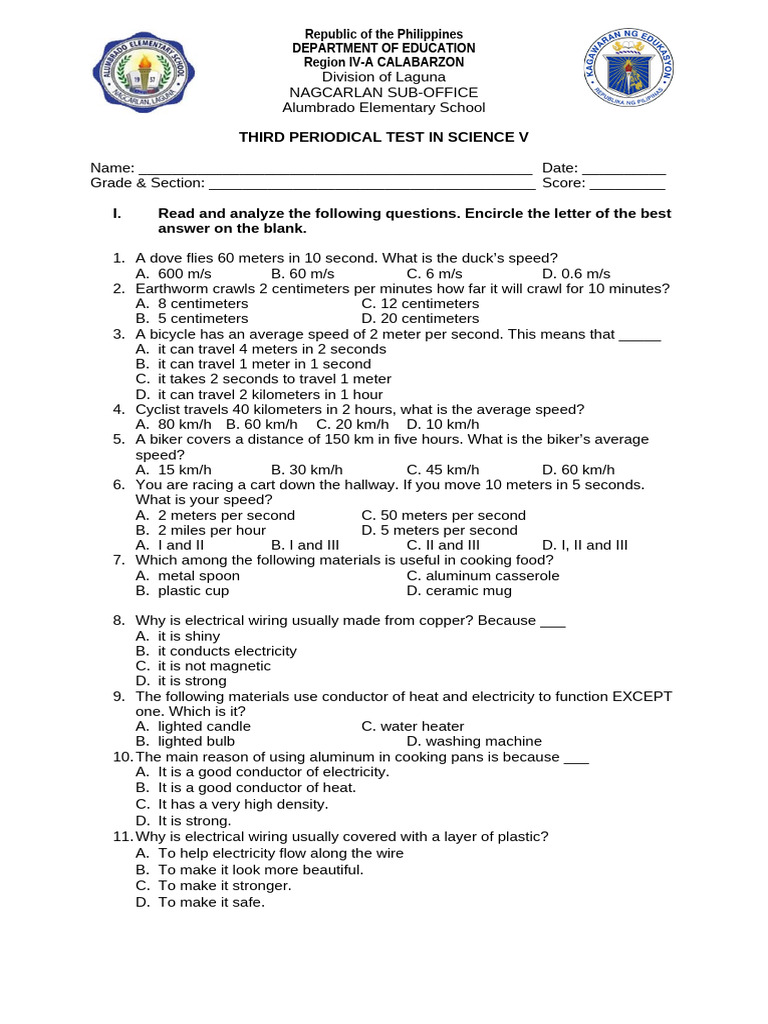 Grade 5 3rd Periodical Test In Science Pdf Electricity Wire