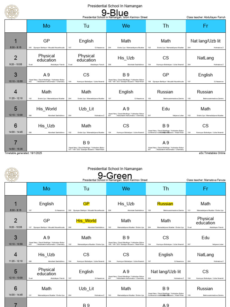 Timetable - Students' Copy - 20.01.2025 | PDF