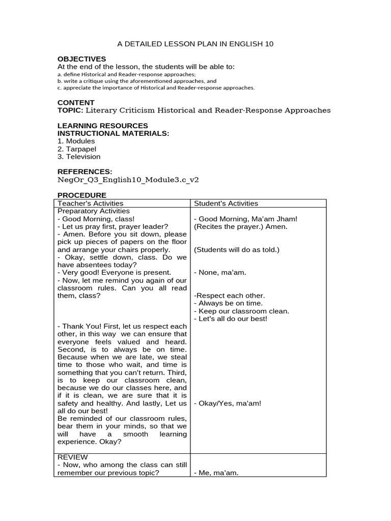 English 10 Lesson Plan: Literary Criticism | PDF | Feminism | Gender ...