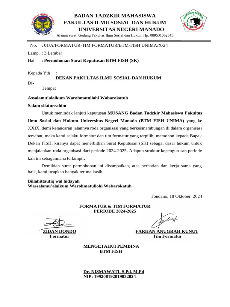 Permohonan SK Pengurus BTM Fis 2024-2025 | PDF