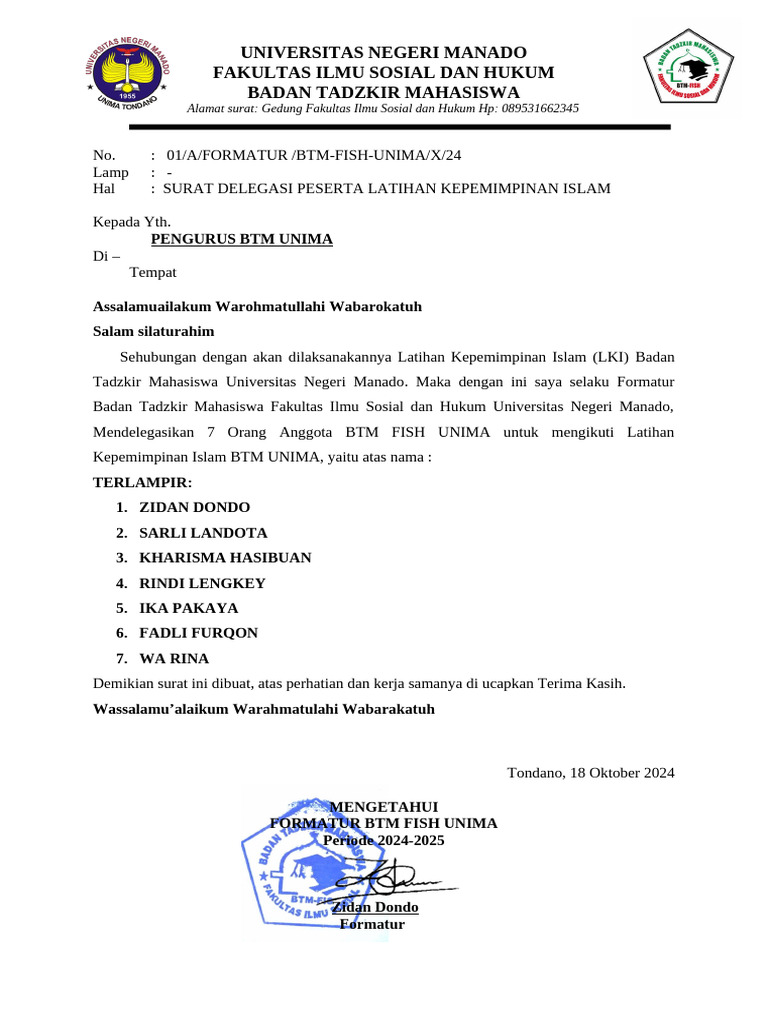 Surat Delegasi Peserta LKI BTM FISH | PDF