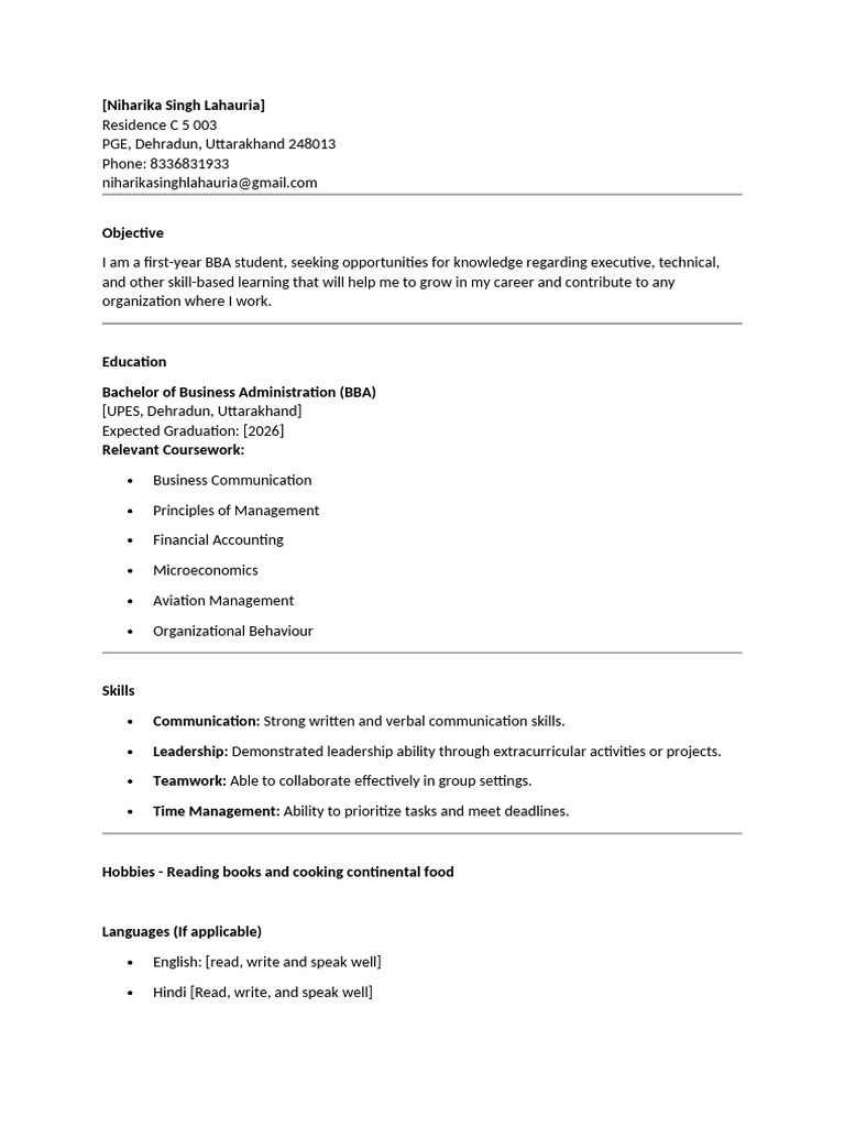BBA Student Resume - Niharika Singh | PDF