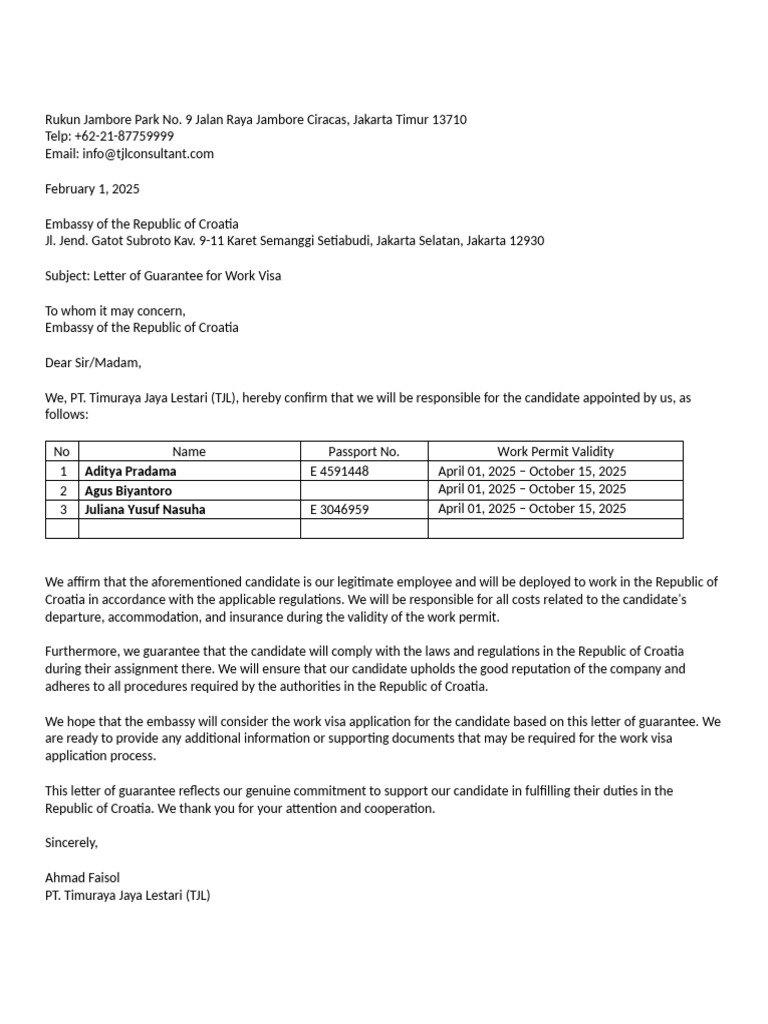 Work Visa Guarantee Letter for Croatia | PDF