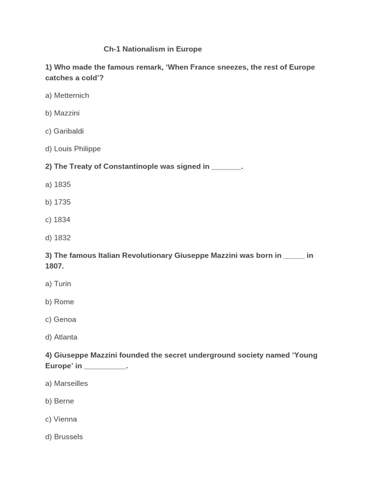 Rise of Natonalism in Europe (MCQS) | PDF | First French Empire ...