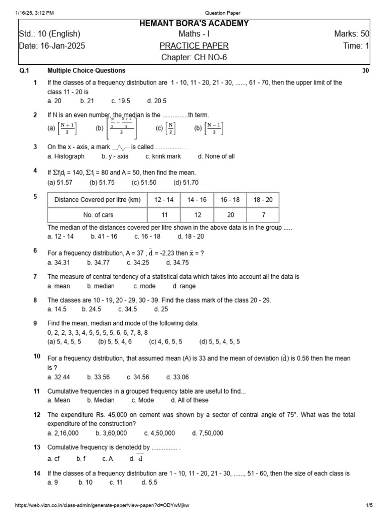 SSC - X - Algebra - 10TH M1 CH-6 - 543902 | PDF | Mode (Statistics) | Mean