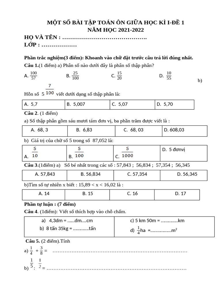 De On Tap Toan Gki 2021-2022 - de So 1 | PDF