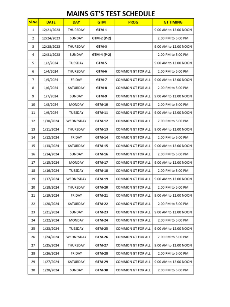 GT Test Schedule Dec 2023-Jan 2024 | PDF