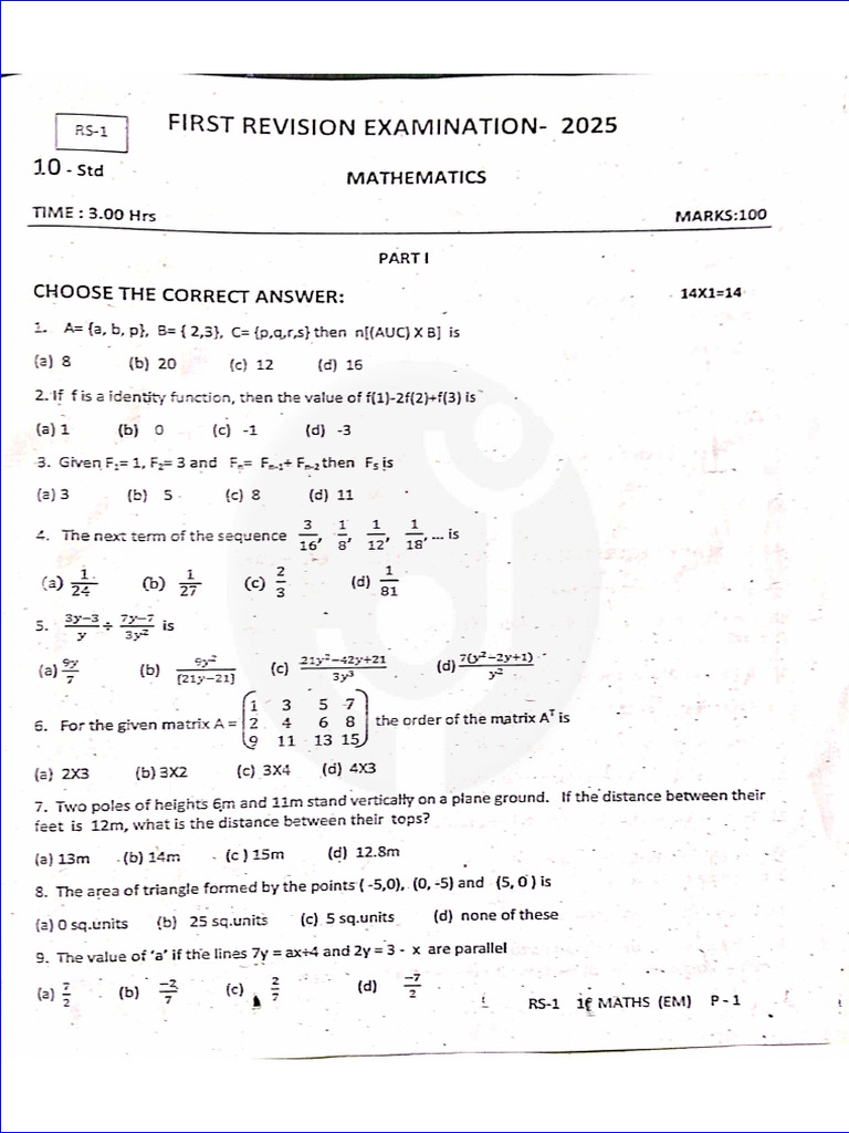 10th Maths EM 1st Revision Exam 2025 Question Paper Salem District English Medium PDF Download | PDF