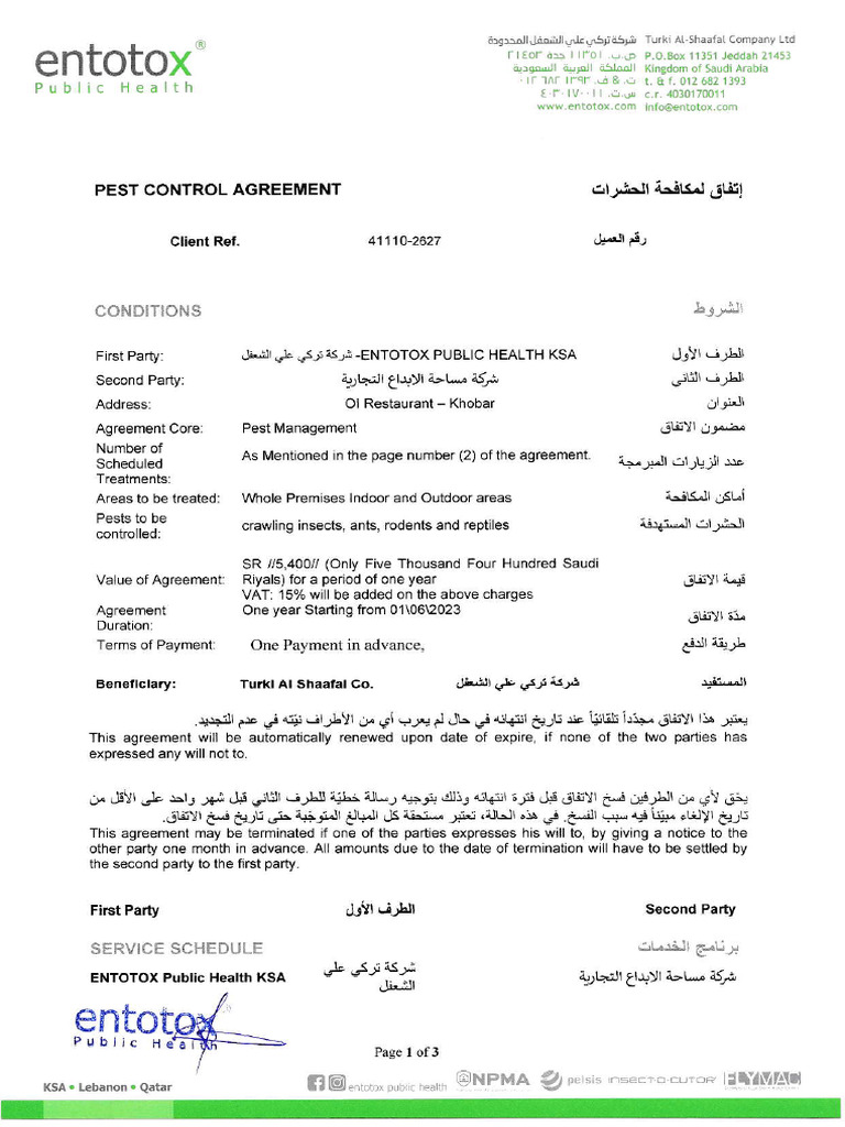 Pest Control Agreement - Entotox KSA | PDF | Pest Control | Zoology