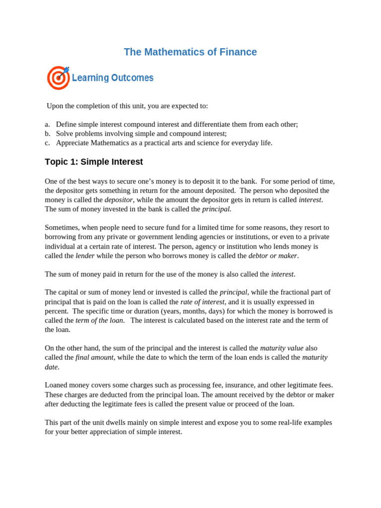 LESSON 5 The Mathematics of Finance SIMPLE INTEREST | PDF | Interest | Debt
