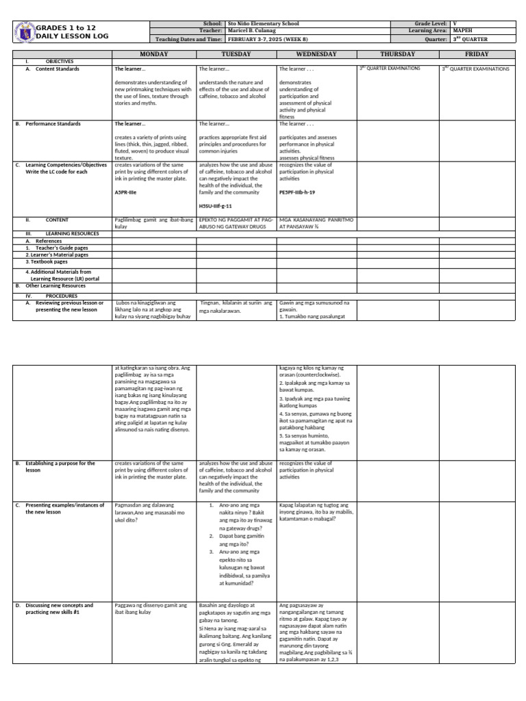 DLL - Mapeh 5 - Q3 - W8 | PDF