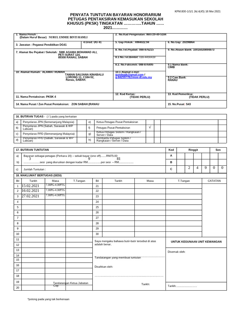 Tuntutan Honorarium PKSK 2021 | PDF