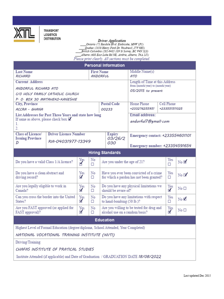 Driver Employment Application Form | PDF