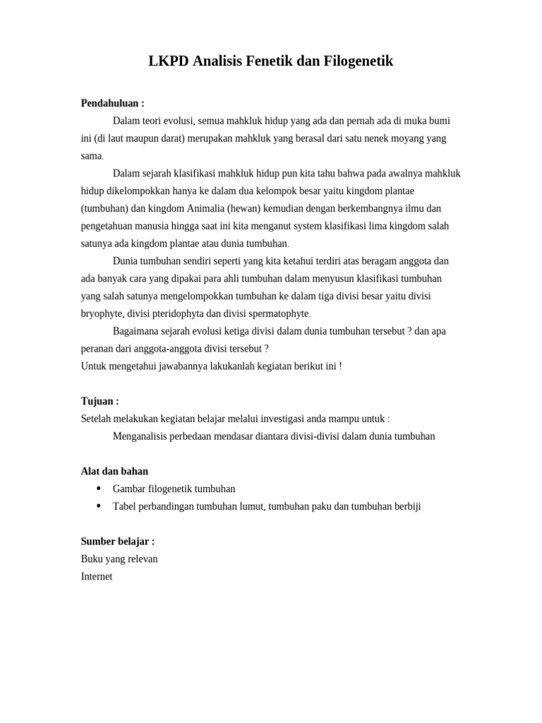 LKPD Analisis Fenetik Dan Filogenetik | PDF