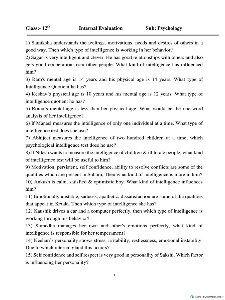 Psychology 12th Internal Evaluation 2020-22(3) | PDF