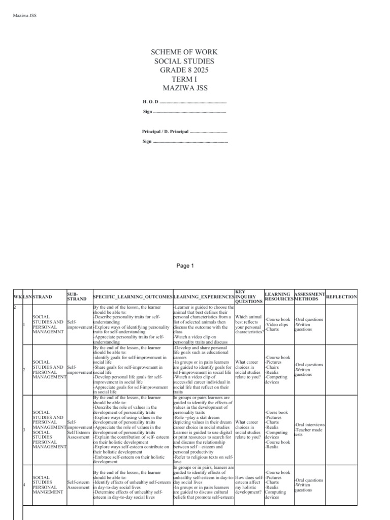 Grade 8 Social Studies Scheme 2025 | PDF | Self Esteem | Learning
