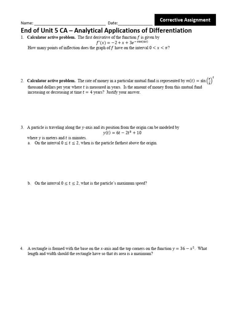 Calc End-Of-unit 5 Corrective Assignment | PDF | Function (Mathematics) | Analysis