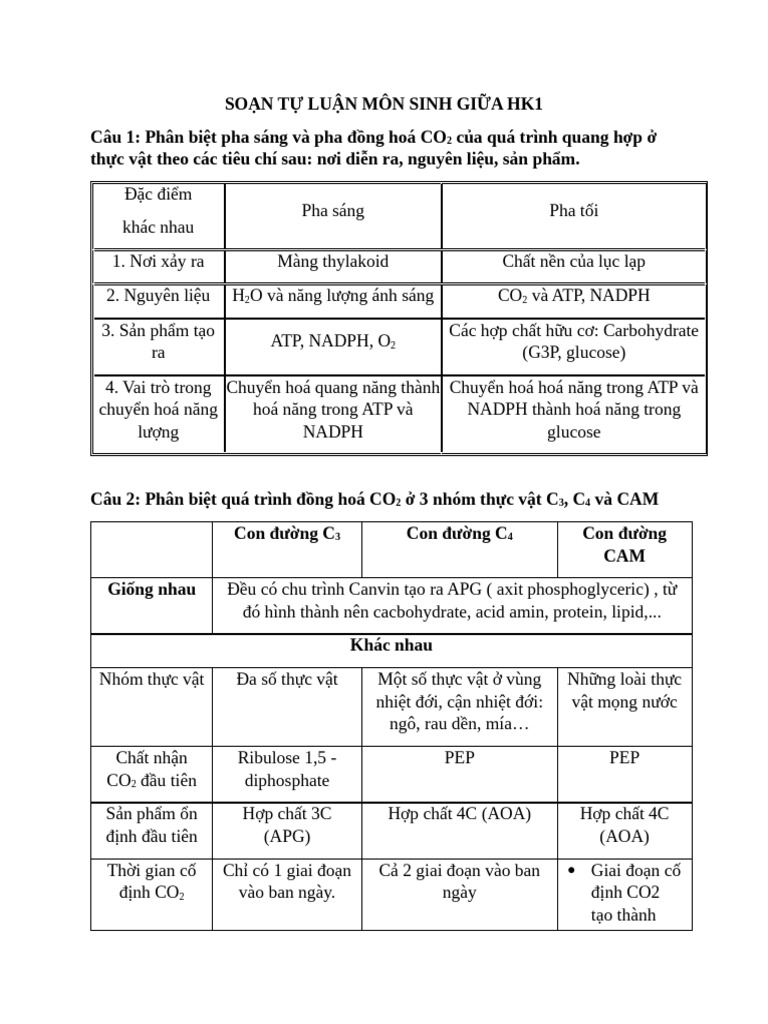 SOẠN TỰ LUẬN MÔN SINH GIỮA HK1 | PDF