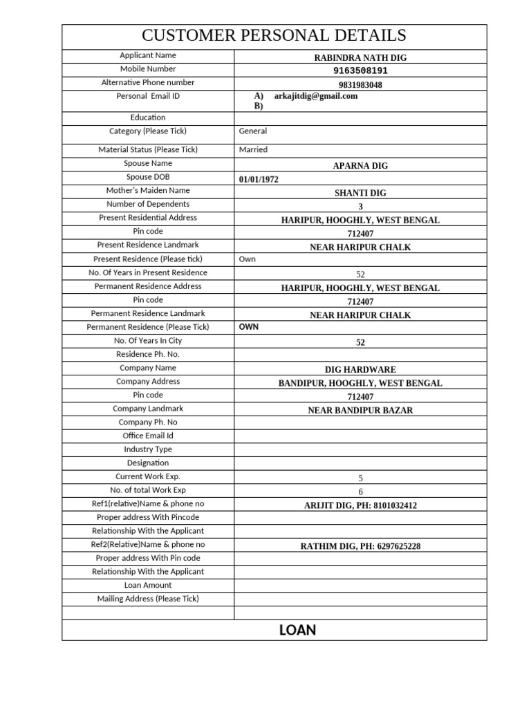 Rabindra Nath Dig Details Sheet | PDF | Personal Identification Number ...